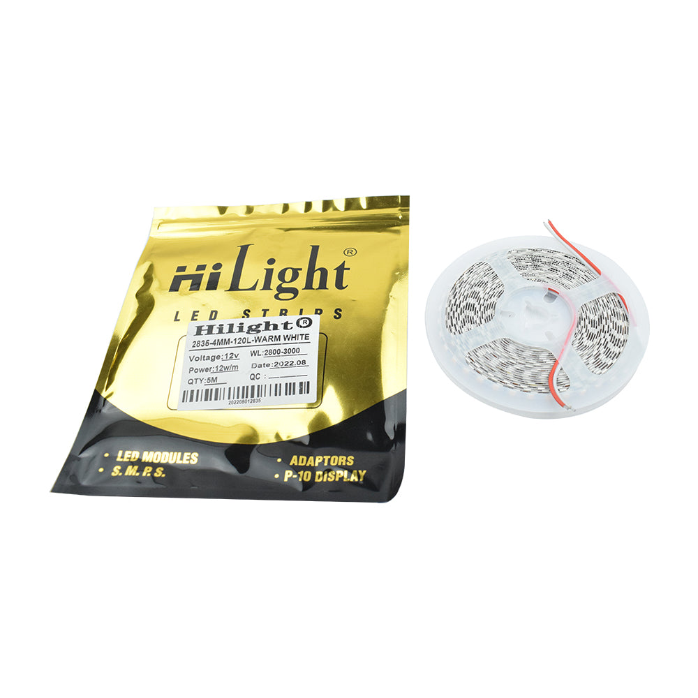 HiLight 12V 12W/m Warm White 4mm 5 Meter LED Strip in 2835 Package
